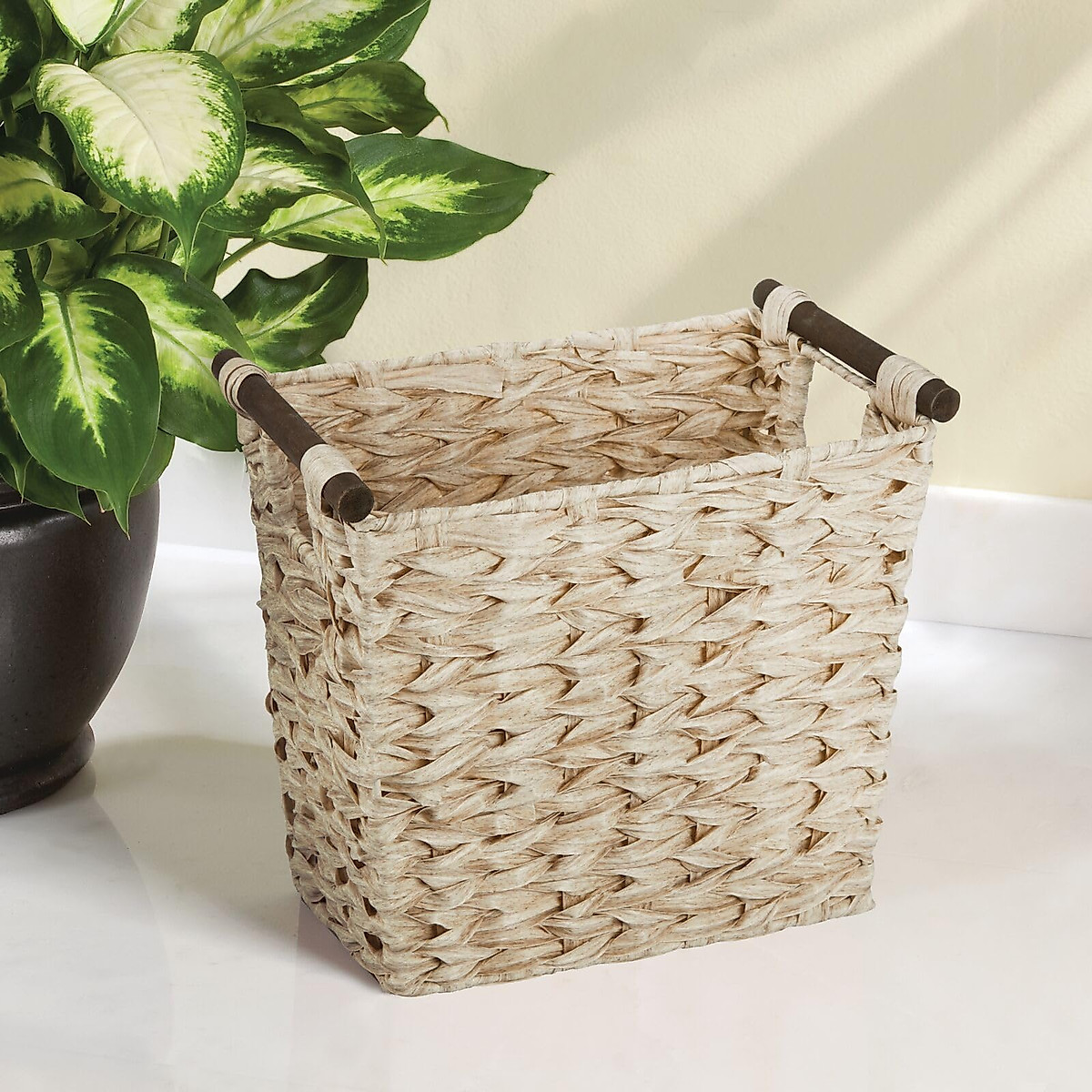 mDesign Small Woven Basket Trash Can Wastebasket - Rectangular Garbage Container Bin with Wood Handles for Bathrooms, Kitchens, Home Offices, Craft, Laundry, Utility Rooms - Natural/Dark Brown