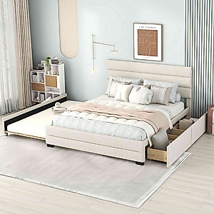ATY Queen Size Platform Bed with Trundle & 2 Drawers, Upholstered Bedframe w/Headboard, for Bedroom, Guestroom, Livingroom, Save Space & Easy Assemble, Beige