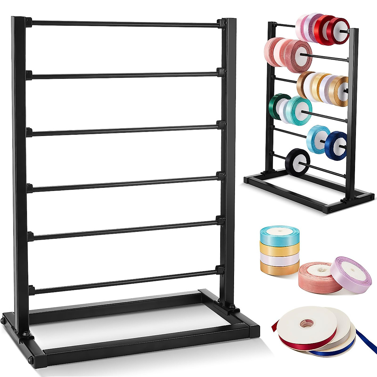 Menkxi 6 Tier Metal Ribbon Holder Organizer Rack Ribbon Rack Display Shelf Spool Holder Storage Organizer for Sewing Craft Mesh Thread Tape Wreath Crochet Roll Cake Flower Store Wrapping Gift, Black