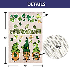 Shmbada Welcome St Patricks Day Gnomes Garden Flag, Double Sided Burlap Vertical Outside Outdoor Yard Lawn Irish Green Shamrock Beer Decoration, 12 x 18 Inch