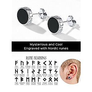 ChicSilver Mens Earrings 925 Sterling Silver Round Black Onyx Earrings with Viking Rune Black Earrings for Men Hypoallergenic Christmas Studs for Men