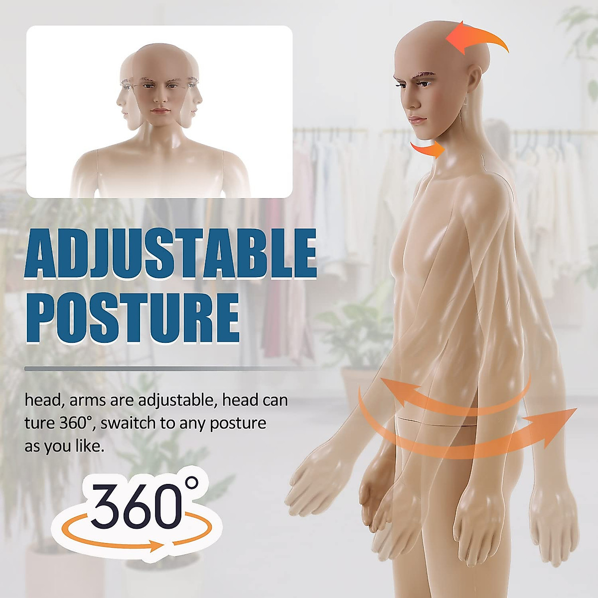 NChanmar Male Mannequin Full Body,Mannequin Body Dress Form 73 Inches Stand Adjustable Model Realistic Head Arm Rotation Metal Base