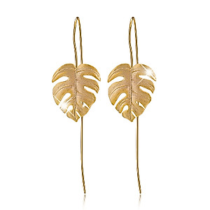 Lotus Fun 14K Yellow Gold Plated S925 Sterling Silver Drop Earrings Monstera Leaves Dangle Earrings, Handmade Unique Jewelry Gifts for Women (Gold)