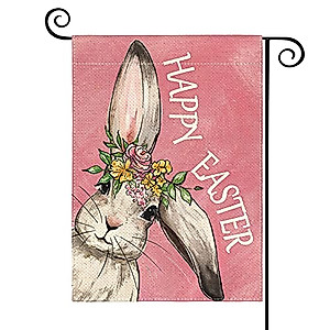 AVOIN colorlife Happy Easter Bunny Garden Flag 12x18 Inch Double Sided Outside, Rabbit Flower Yard Outdoor Decoration Pink