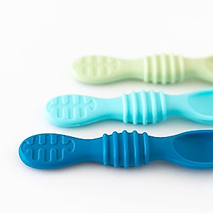 Bumkins Baby Utensil Set, Silicone Trainer Spoons for Dipping, Soft Tip, Self-Feeding, Chew, Baby Led Weaning, First Year Training Supplies, Essentials in Learning Eating, 4 Mos, 3-pk Blue and Green
