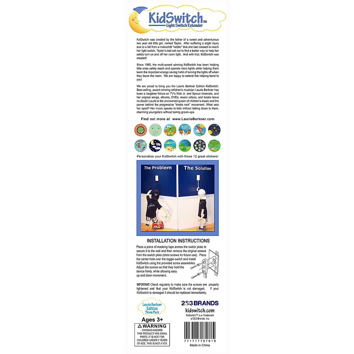 KidSwitch Lightswitch Extension for Toddlers - Laurie Berkner Edition - 3 Count - Includes 12 Themed Art Decals - Multi-Award Winning!
