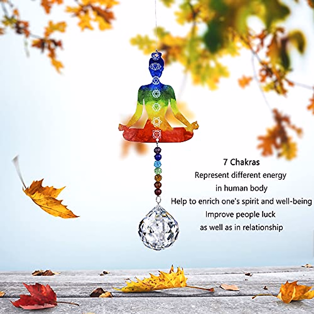 Chakra Healing Crystal Prism Suncatcher with Rainbow Yoga Meditation Figurine Statue Stained Glass Beads for Window Garden Wall Hanging Decoration