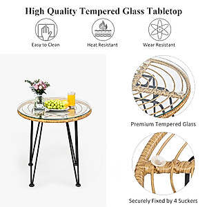 DORTALA 3 Pieces Patio Conversation Set, Rattan Leisure Chairs & Round Glass Tea Table Set, Indoor Outdoor Wicker Bistro Furniture Set with Cushions for Balcony, Poolside (Black)