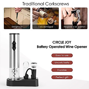 CIRCLE JOY 5-in-1 Electric Wine Opener Gift Set Stainless Steel Electric Wine Bottle Opener Battery Operated Corkscrew with Foil Cutter, Wine Pour, Wine Stopper and Storage Base, Silver
