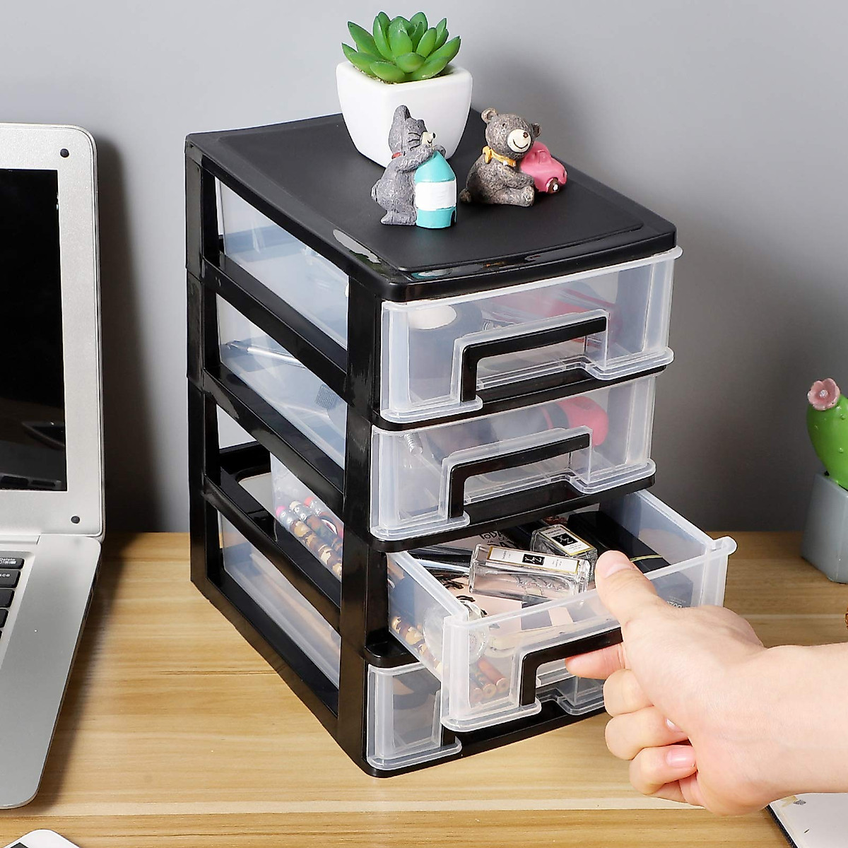 4 Drawer Desktop Storage Organizer,Plastic Containers Storage Organizer Dresser Organizer Home Dresser (Black and Transparent)