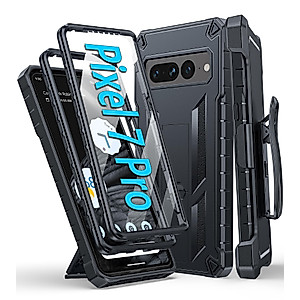 FNTCASE for Google Pixel 7 Pro Phone Case: Military Grade Rugged Belt-Clip Holster with Built-in Screen Protector & Kickstand | Extra Front Frame | Tough Shockproof Protective Cover 6.7 inch-Black