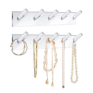 1 Pcs Acrylic Wall Mounted Necklaces Organizer with 6 Hooks Clear Adhesive Jewelry Wall Mount Hanging Hooks for Necklaces Bracelets Rings Chains