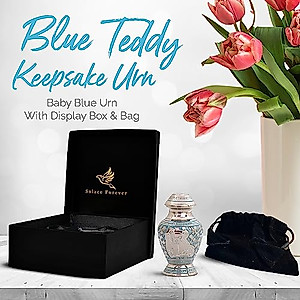 Blue Baby Keepsake Urn - Mini Infant Urn for Baby Girl/Boy with Box & Bag - Handcrafted Teddy Bear Urn - Small Cremation Urn for Children Ashes - Tribute to Your Loved Kid with Baby Urn