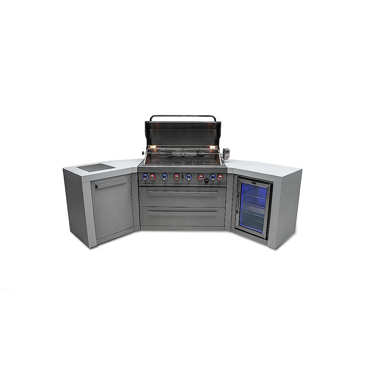 Mont Alpi 44-Inch MAi805-D45FC Deluxe 45 Degree 6-Burner 115000 BTU Stainless Steel Island Outdoor Kitchen Gas Barbecue Grill w/Lockable Compact Refrigerator Wine Cooler Beverage Center