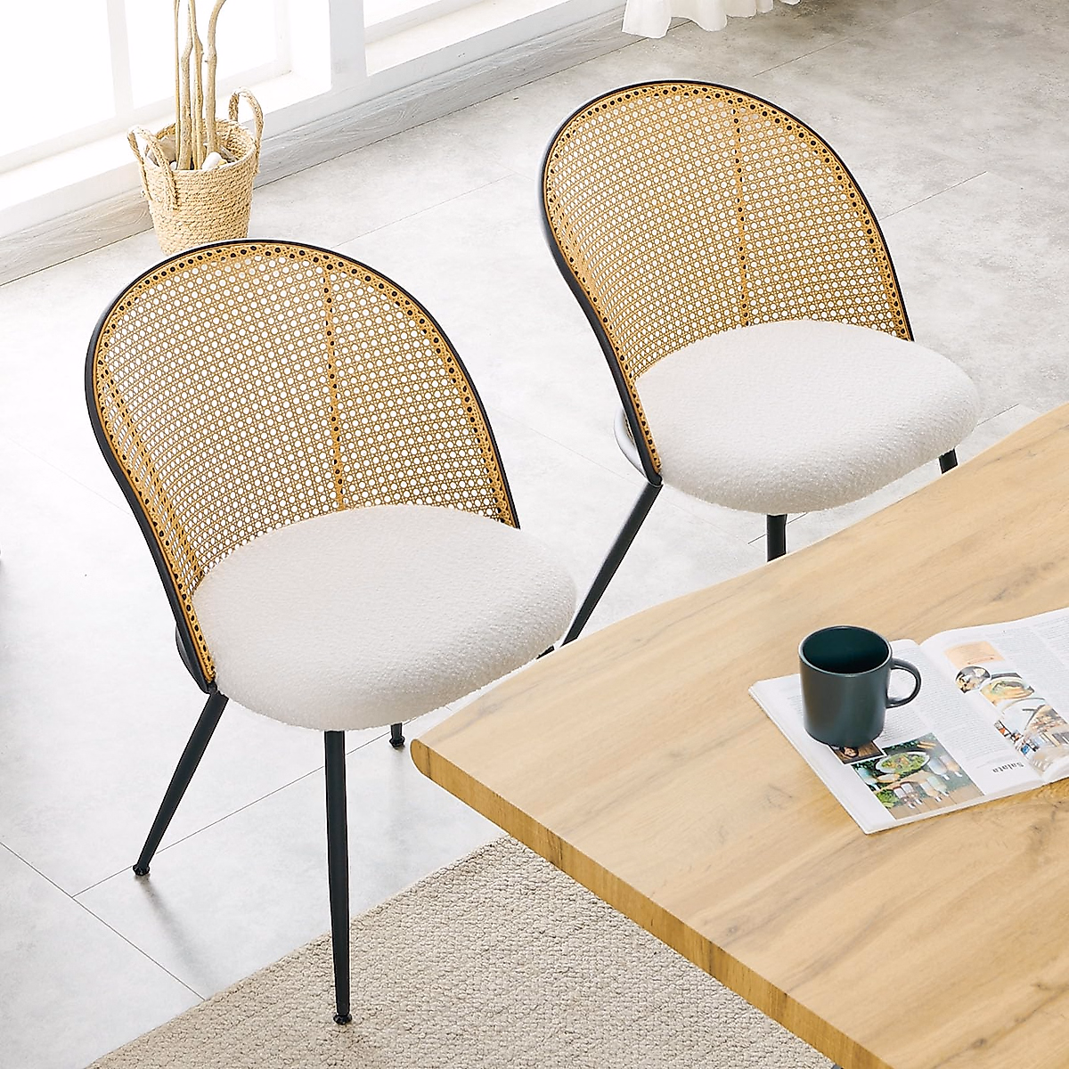 Bekrvio Rattan Dining Chairs Set of 2, Mid-Century Modern Kitchen Dining Room Chairs with Full Cane Backrest Armless Upholstered Farmhouse Boucle Dining Chairs with Metal Leqs for Dining Room, White