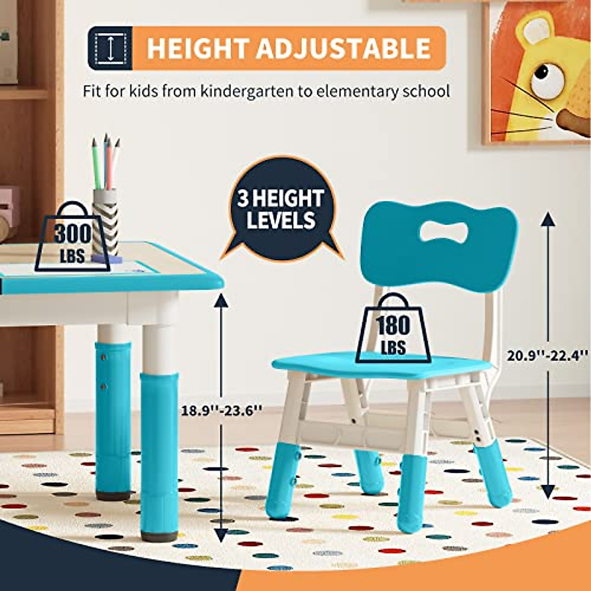 wanan Kids Table and Chair Set, Height Adjustable Toddler Table and 4 Chairs Set, Kids Table for Playing, Drawing, Eating, Studying, Easy to Clean Arts & Crafts Table for Ages 2-10 (Light Blue)