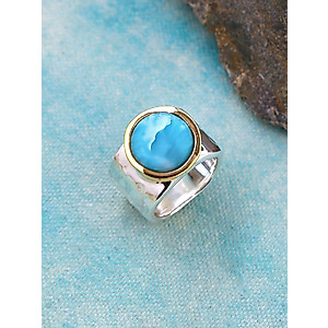 YoTreasure 13 MM Larimar Wide Band Hammered Ring .925 Sterling Silver Brass (10)