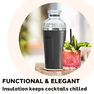 OGGI Groove Insulated Cocktail Shaker-17oz Double Wall Vacuum Insulated Stainless Steel Shaker, Tritan Lid has Built In Strainer, Ideal Cocktail Mixer, Martini Shaker, Margarita Shaker, Black