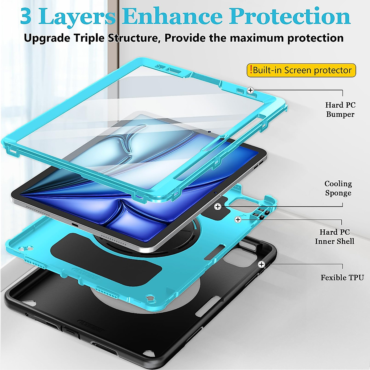 Case for iPad Air 11 M2 2024: TPU Cover for iPad Air 11 Inch 6th Generation/iPad Air 10.9 5th Gen 2022/ iPad Air 10.9 4th Gen W/Screen Protector- Stand- Handle- Shoulder Strap- Pencil Holder-Mint