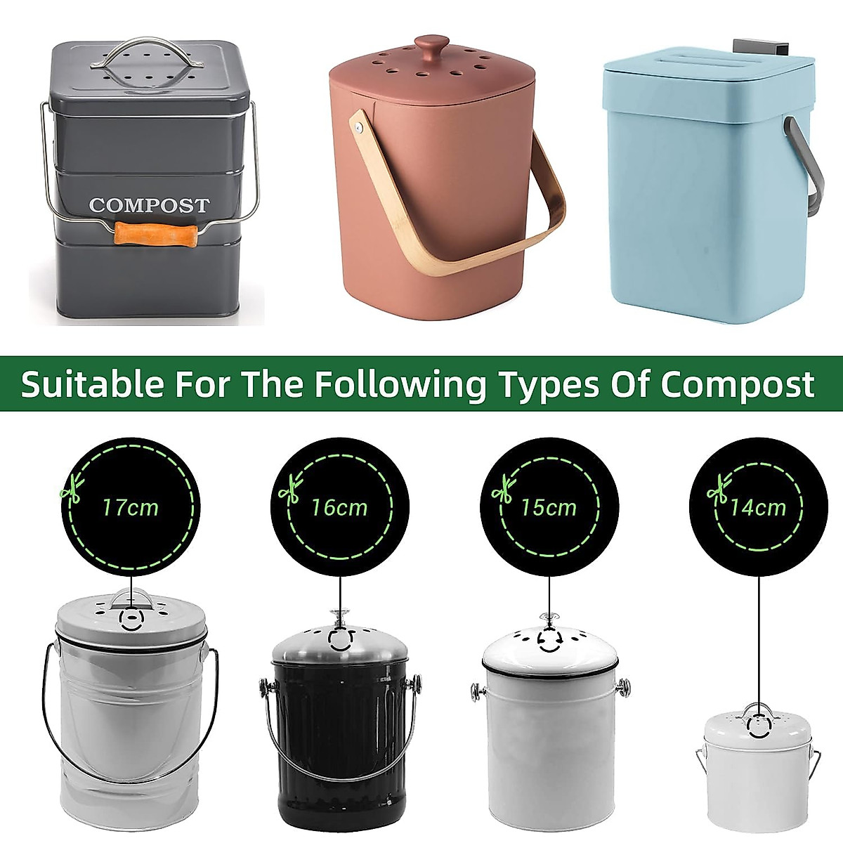 6 Pack Activated Carbon Compost Bin Filters, 6.75 Inch +5 Inch Round Replacement Filters for Kitchen Compost Pail, Countertop Bucket Refill Sets, Compatible with Compost Collector Square+Round