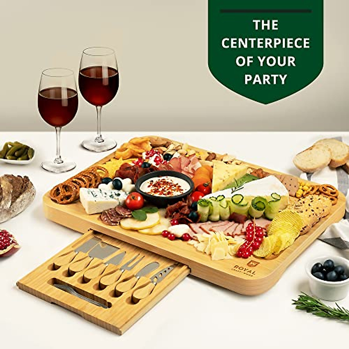 ROYAL CRAFT WOOD Extra Large Cheese Board - Bamboo Cheese Board and Knife Set - Bread & Butter Plates, Charcuterie Platter & Serving Tray, Wedding Gifts (17.5" x 13")