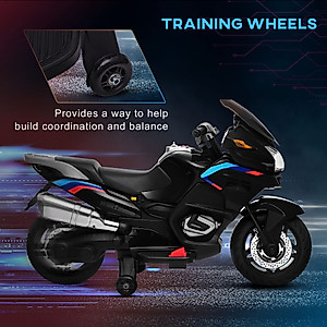 Aosom 12V Kids Electric Motorcycle with Training Wheels, Battery Power Motorbike for Kids Ages 3+ Years Old, High-Traction at 3.7 Mph Top Speed, with Light Music, Black
