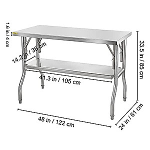 VEVOR Commercial Worktable Workstation 48 x 24 Inch Folding Commercial Prep Table, Heavy-duty Stainless Steel Folding Table with 772 lbs Load, Kitchen Work Table, Silver Stainless Steel Kitchen Island