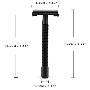 QSHAVE Double Edge 4 inch Long Handle Safety Razor for Men or Women Twist Butterfly Open Matte Black Steel Coating (1 Razor + 5 pcs Titanium Coated Blades + Leather Travel Case)