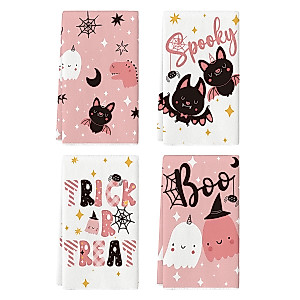 Artoid Mode Bats Ghost Trick or Treat Spooky Boo Spider Web Halloween Kitchen Towels Dish Towels, 18x26 Inch Seasonal Decoration Hand Towels Set of 4