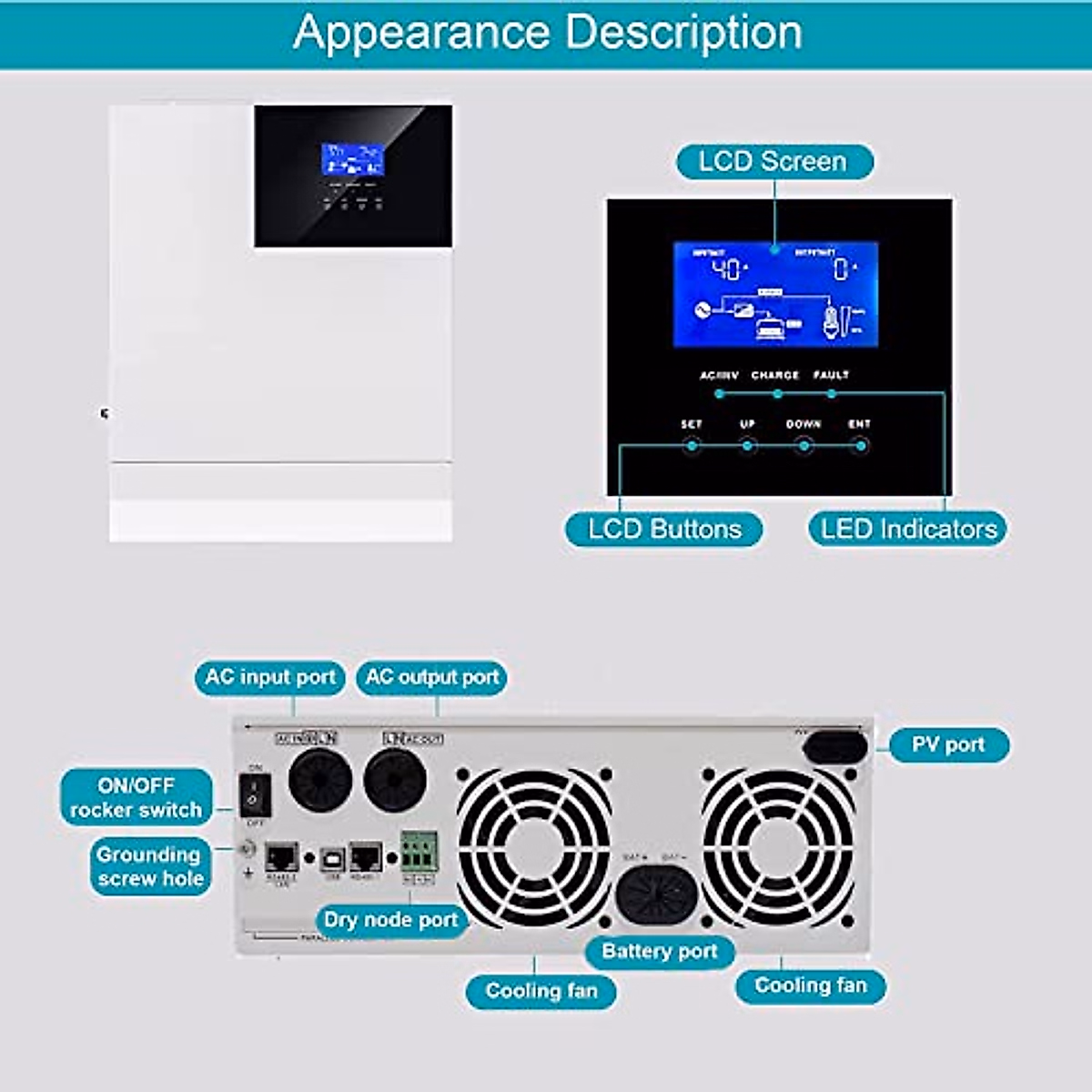 Solar Inverter 3500W Off-Grid Inverter 48V DC to 110V 120V AC, Pure Sine Wave, Built-in 80A MPPT Charge Controller, for 48V Lead Acid or Lithium Battery
