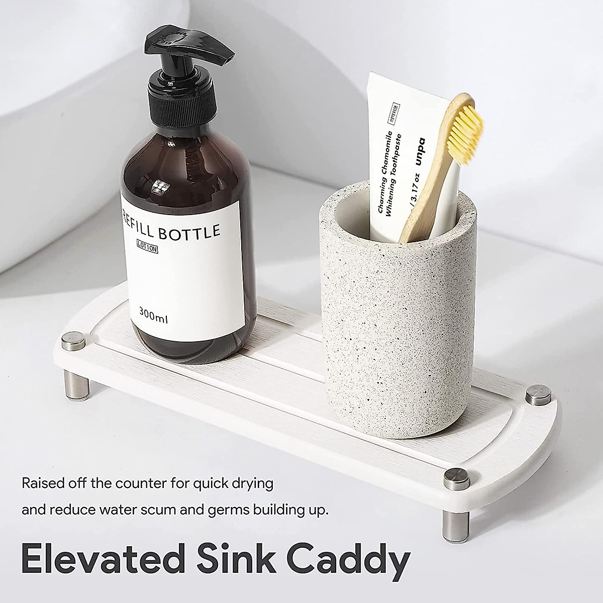 heylad Home Sink Caddy, Instant Dry Kitchen Bathroom Sink Organizer, Diatomaceous Earth Sink Tray with Rust-Free Acrylic Feet, Sponge Soap Dispenser Holder, White