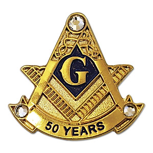 50 Years Square & Compass with Rhinestone Masonic Lapel Pin - [Gold & Blue][1'' Tall]