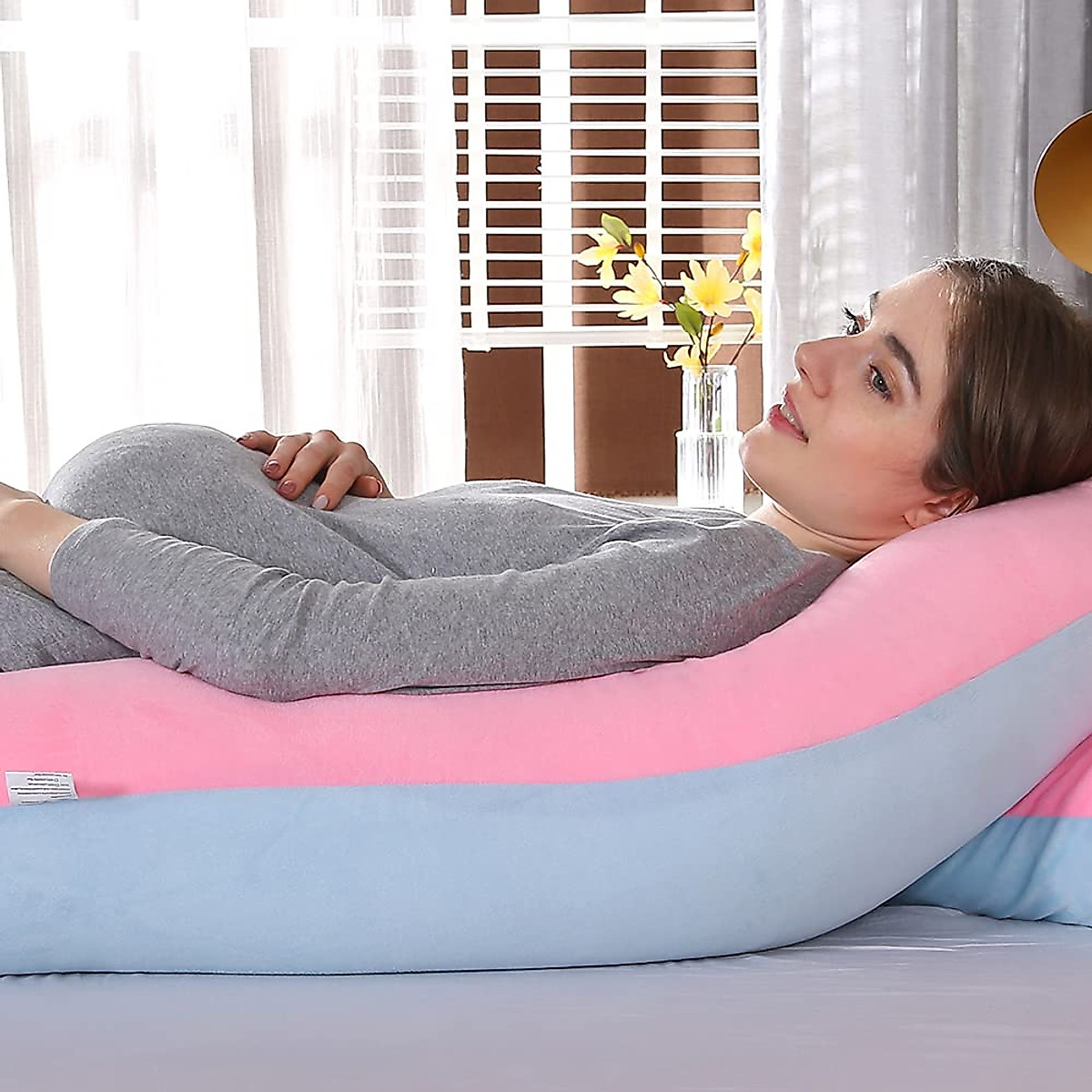 MINGPINHUIUS Pregnancy Pillow U Shaped Full Body Maternity Pillow for Sleeping, 57 Inch Pregnant Women Pillow with Removable Velvet Cover (Pink/Blue)
