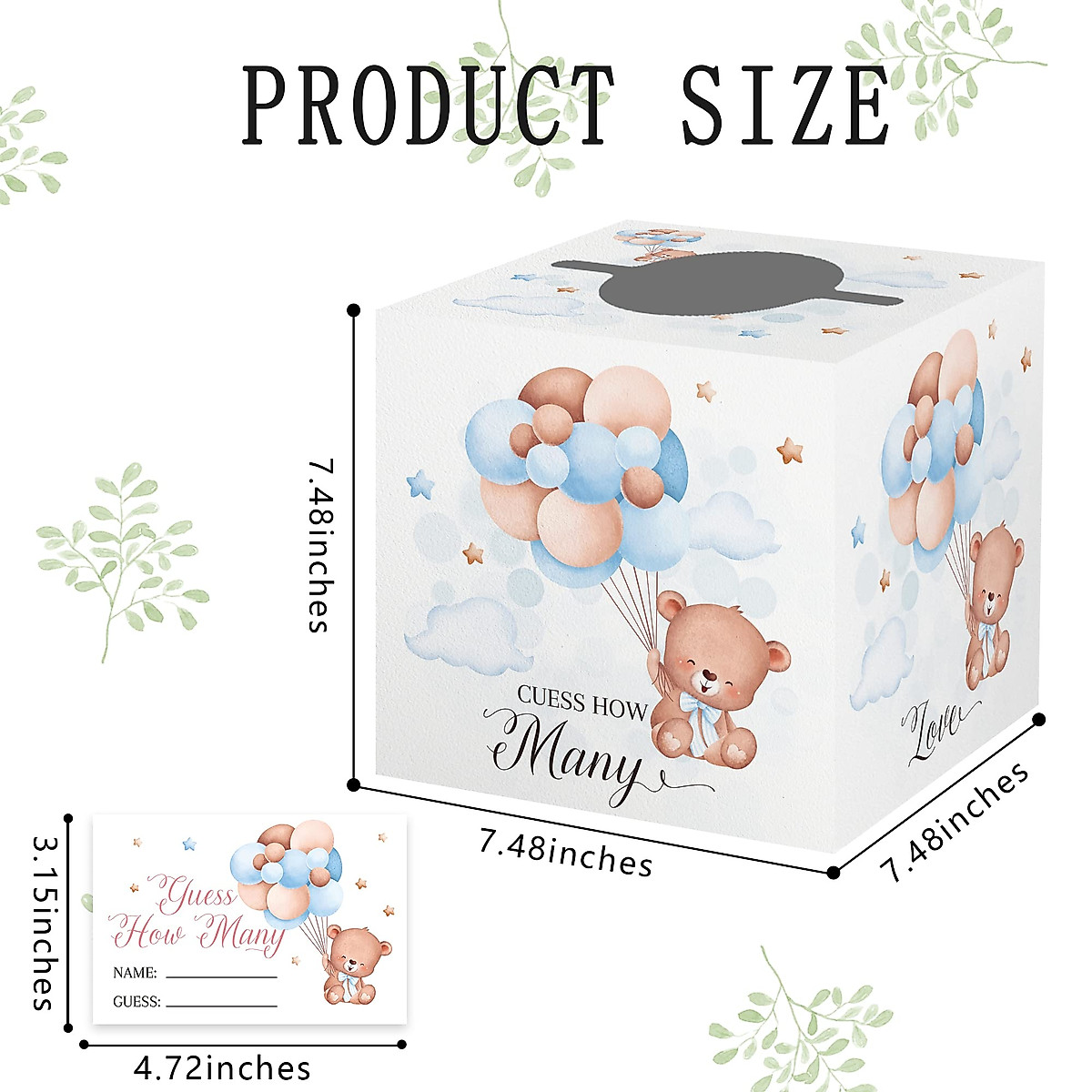 Azbuk Blue balloons Bear Baby Shower Game Cards with Box, Guess How Many, Baby Shower Game with Box and 50 Guessing Cards, Baby Shower Decorations for Boy and Girl