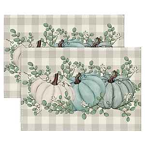 Artoid Mode Pumpkins Eucalyptus Leaves Fall Placemats Set of 4, 12x18 Inch Autumn Thanksgiving Harvest Vintage Table Mat for Party Dining Decoration
