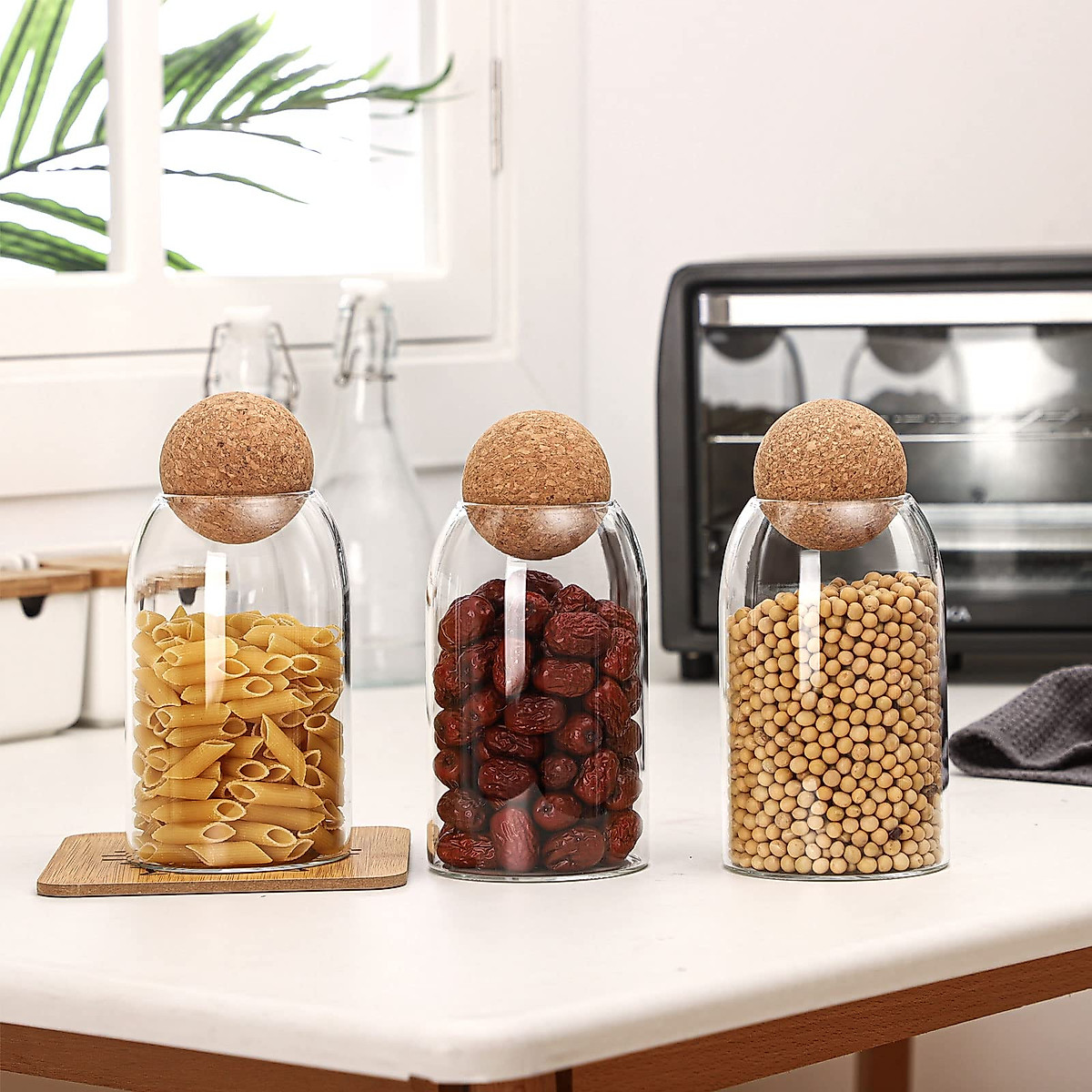 3 Pcs Glass Jar Storage Container with Ball Cork Decorative Round Organizer Bottle Sealed Canister Jar with Airtight Seal Wooden Lid for Food Coffee Bean Candy Biscuits Spice(800 ML/ 27 Oz)