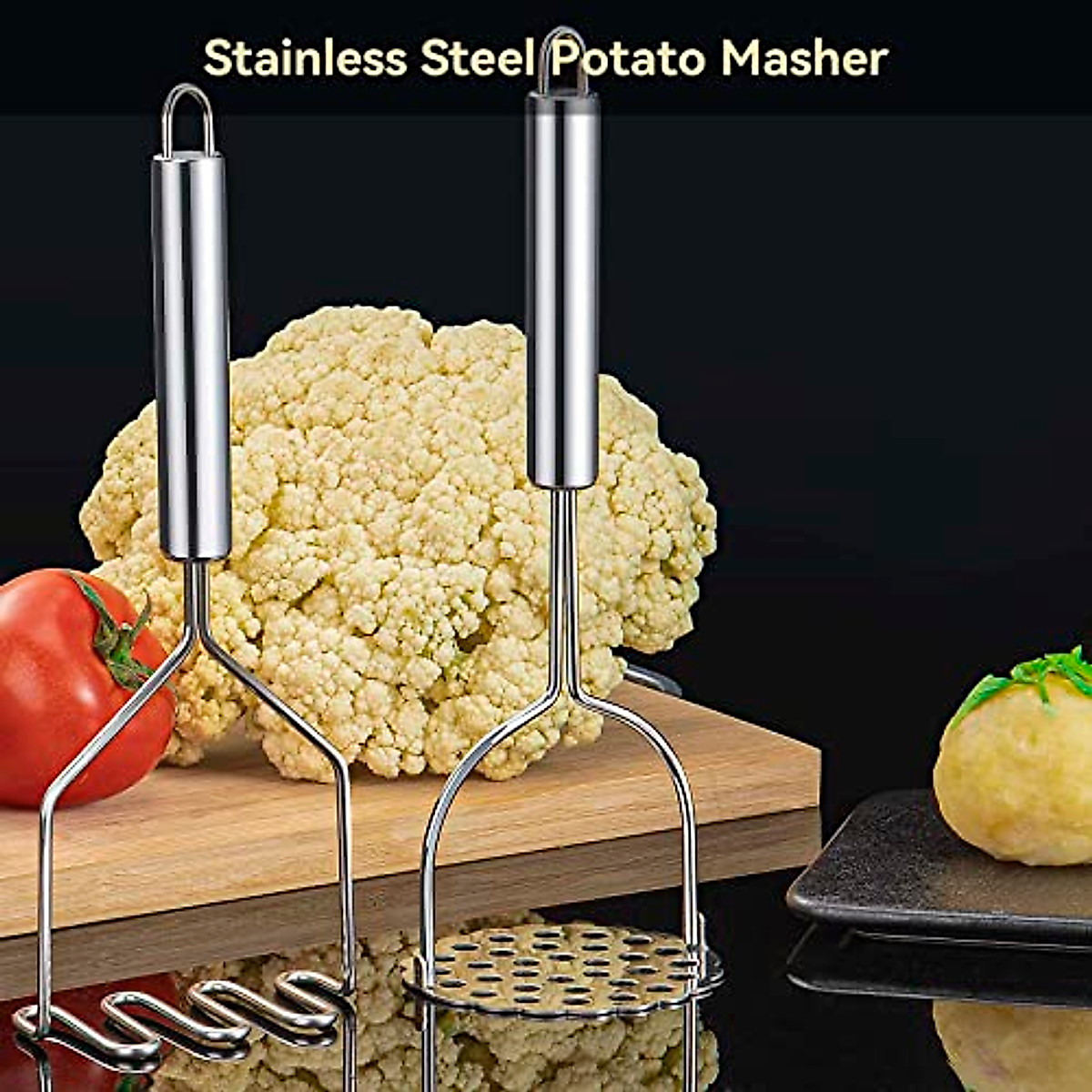 VOOVAO 2 Pcs Potato Masher, Heavy Duty Stainless Steel Integrated Masher Kitchen Tool Wire Masher for Potatoes, Avocados, Beans, Fruit & Vegetables
