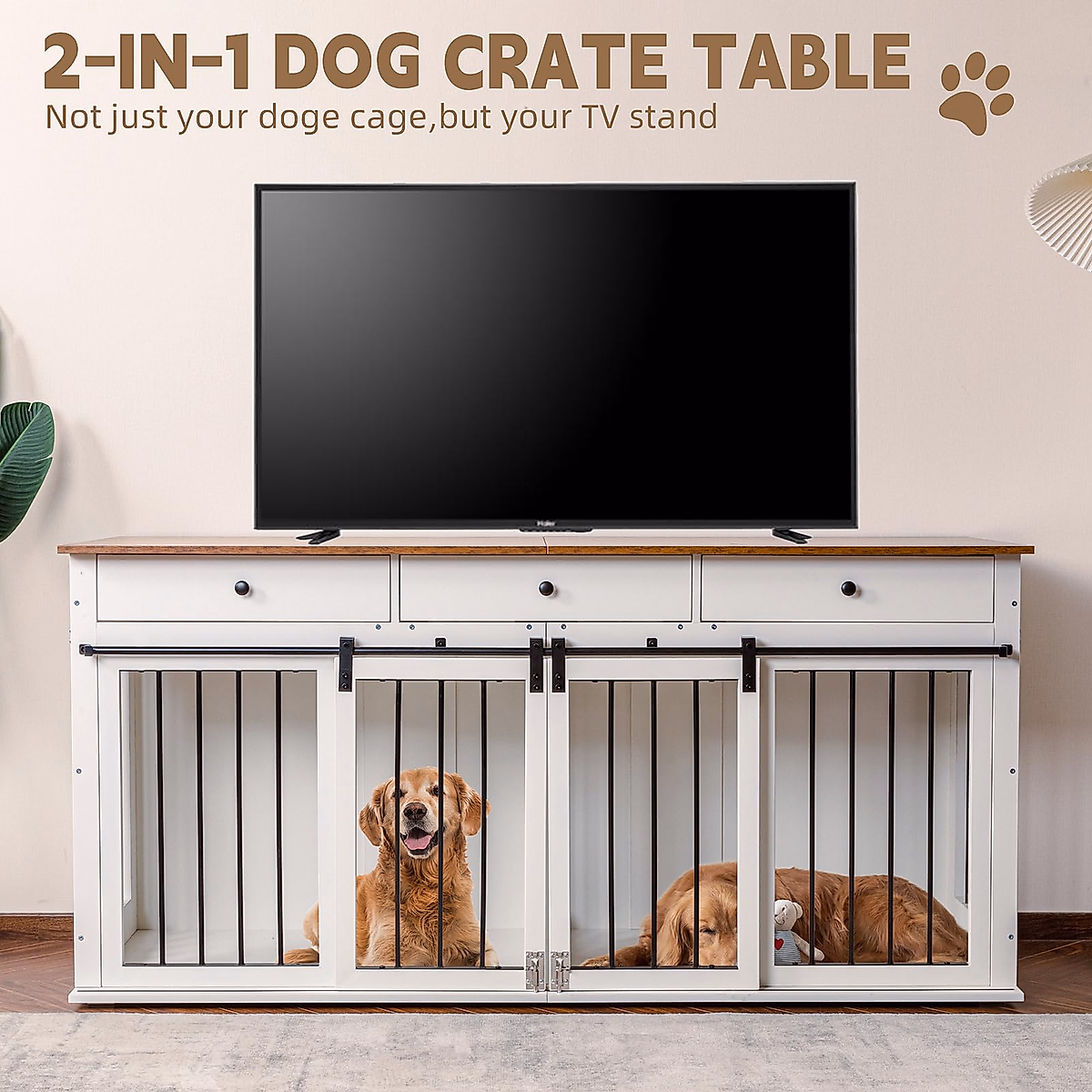 Sunseen Dog Crate Furniture Large Breed Wooden Dog Kennel with Room Divider & 3 Drawer,Double Doors Heavy Duty Dog Crate End Table Indoor TV Stand for Small Medium Large Dog,72''W*24''D*35''H,White