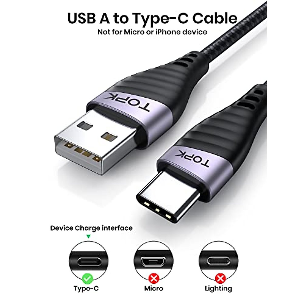 TOPK USB C Cable, [2-Pack, 6ft] 3A Fast Charging USB A to Type C Charging Cable Premium Nylon USB Cable Compatible with Samsung Galaxy S10 S10+ S20 S9 S8 and Other USB C Charger