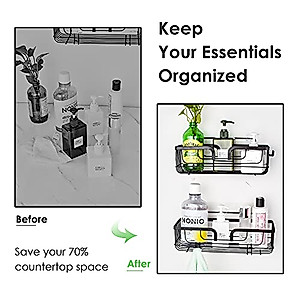 JOMOLA Shower Caddy Shelves Adhesive Bathroom Organizer Basket Kitchen Shelf Wall Storage Rack with 4 Hanging Hooks No drilling, Stainless Steel, Black 2pcs