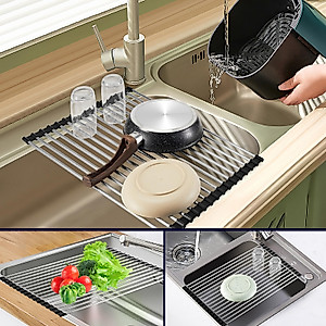 CLNGAI Roll Up Dish Drying Rack, Expandable Over The Sink Dish Drainer,Stainless Steel Kitchen Rolling Sink Rack Space Saving Sink Mat, Length Up to 22.3" (Black, Expandable)