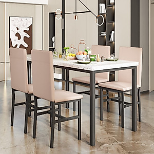 AWQM White Faux Marble Dining Table with 4 Upholstered Chairs, 5-Piece Dining Room Table Set for Small Space, Breakfast Table Bar Table and Chairs Set for 4, Home & Kitchen Set