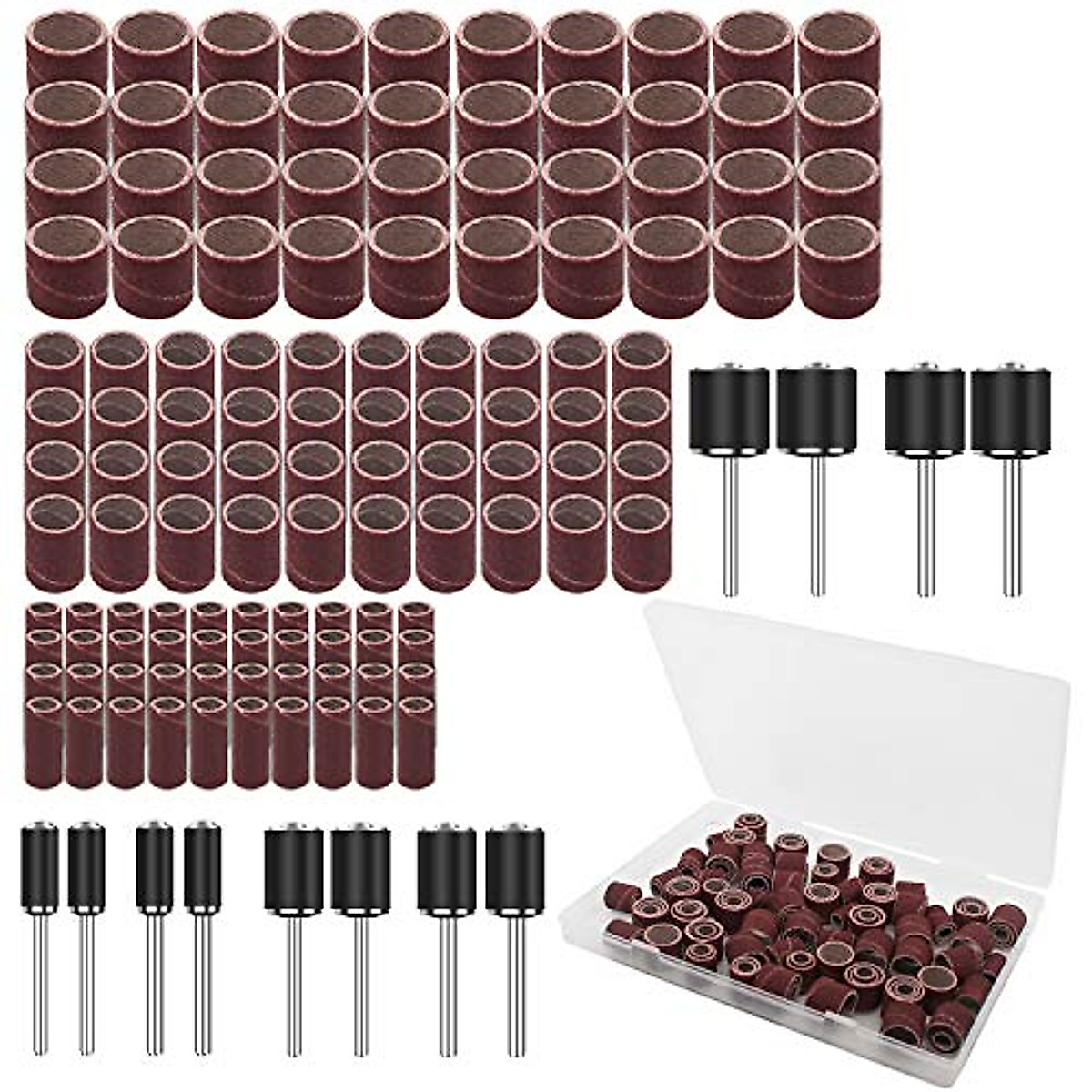 KALIM 132Pcs Sanding Drum Set, 120 Grit Sanding Sleeves with Drum Mandrels, 40Pcs Each Size Drum Sander for Dremel Rotary Tool - 1/4'', 3/8'', 1/2''