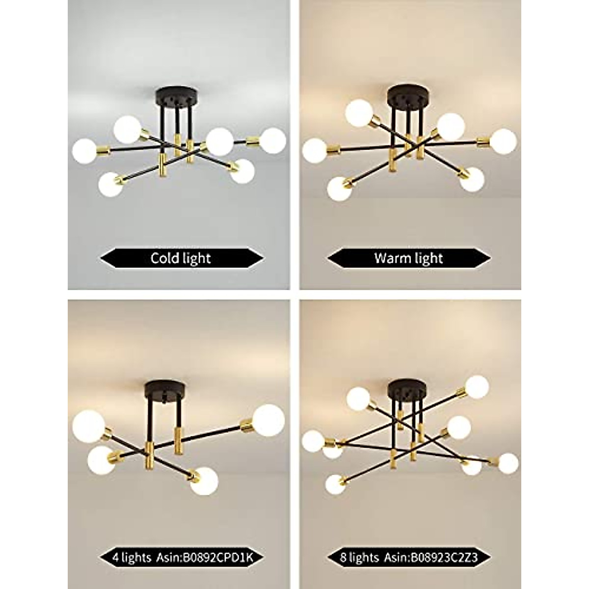 Biewalk Sputnik Chandelier Mid Century Modern Nordic Pendant Lighting 6 Lights Ceiling Light Fixture Black Light for Living Room, Kitchen, Bedroom, Dining Room, ETL Certification