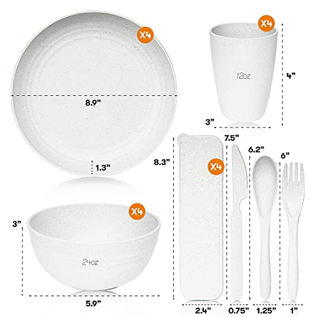 Wheat Straw Dinnerware Sets | Unbreakable Dinnerware Sets | Dishwasher Microwave Safe Dinnerware | Eco Friendly Non Breakable Dinnerware Sets | RV Outdoor Camping (White, Service for 4 (28 pcs))