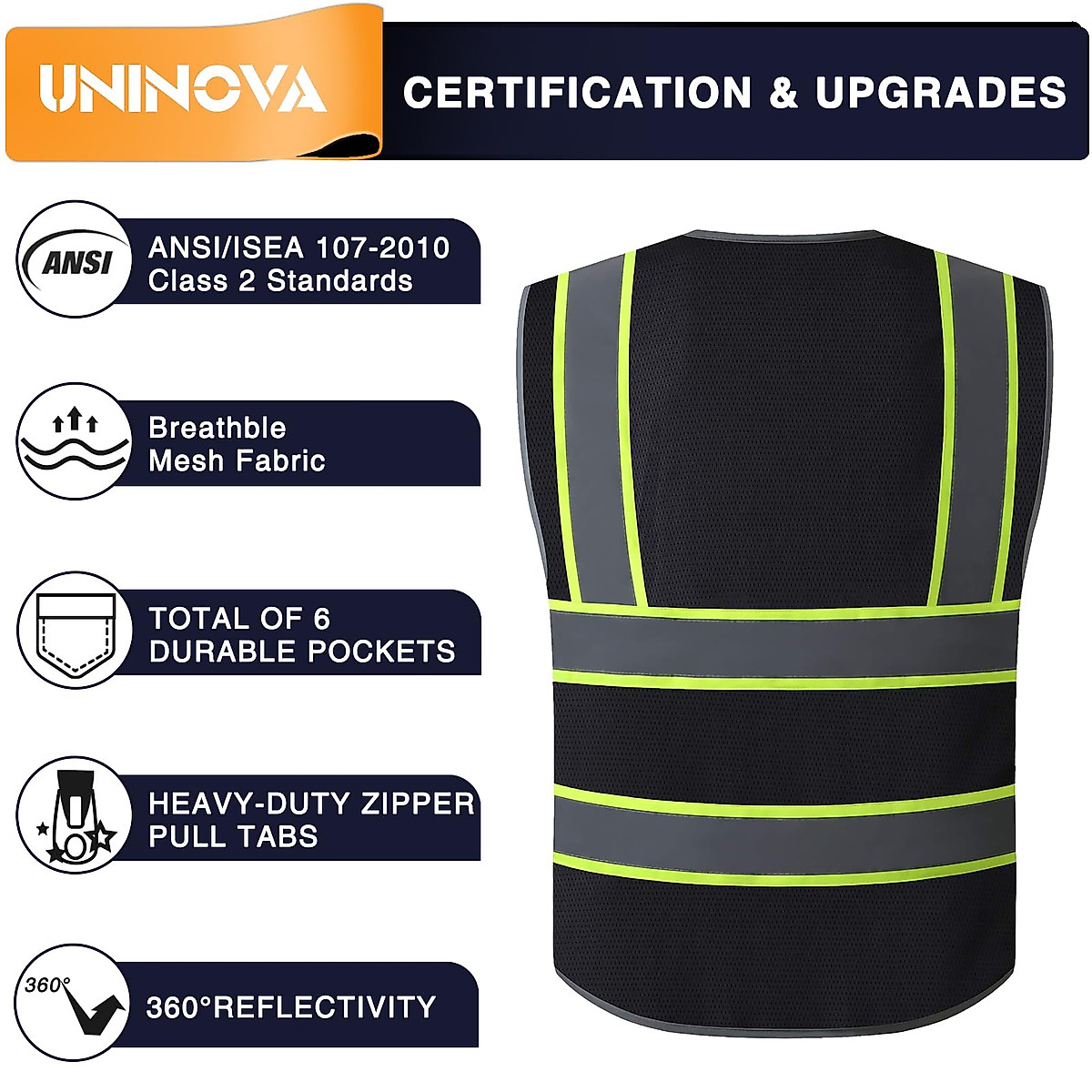 UNINOVA High Visibility Safety Vest - Multi Pockets Reflective Mesh Breathable Workwear, ANSI/ISEA Standards (Large, Black Mesh-02)
