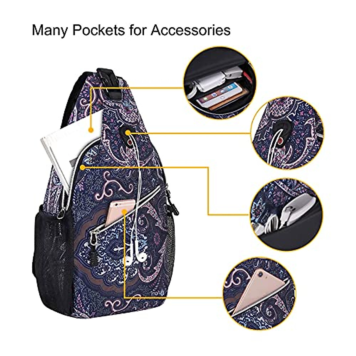 MOSISO Sling Backpack,Travel Hiking Daypack Pattern and Fan-shaped Rope Crossbody Shoulder Bag, Navy Blue Base Totem Texture&Black