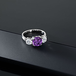 Gem Stone King 925 Sterling Silver Purple Amethyst and White Topaz 3 Stone Engagement Ring For Women (3.30 Cttw, Gemstone February Birthstone, Cushion 8MM, Size 9)