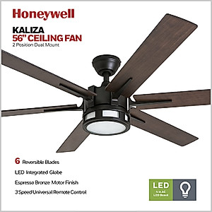 Honeywell Ceiling Fans Kaliza, 56 Inch Indoor Modern LED Ceiling Fan with Light and Remote Control, Dual Mounting Options, 6 Blades with Dual Finish, Reversible Motor - 51036-01 - (Bronze)