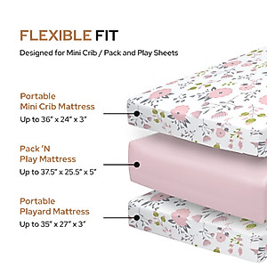 Mini Crib Sheet with Floral & Pink Pattern - 100% Organic Cotton Pack n Play Fitted Sheet - Premium Pack n Play Sheets - Compatible as Graco Pack n Play Sheet & Mini Crib Sheets - Pickle & Pumpkin